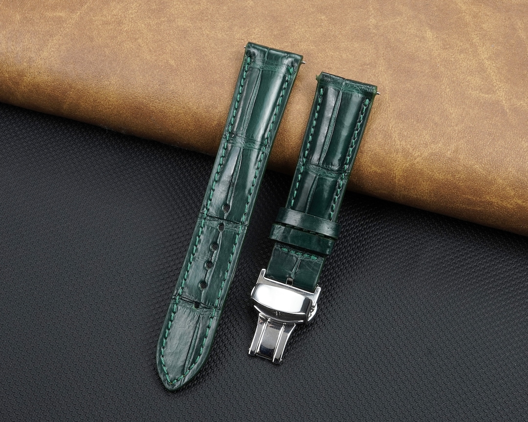Green Leather Watch Strap Deployment Clasp Buckle 18mm 20mm 22mm, Watch ...