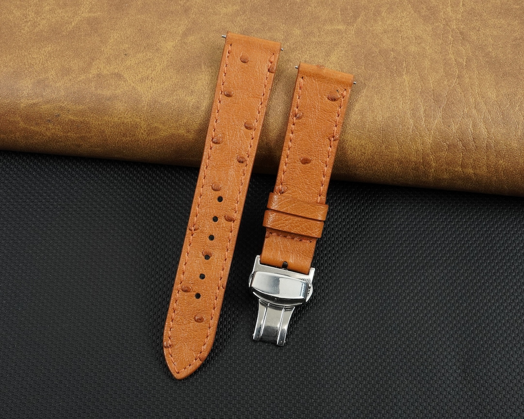 Flat Ostrich Leather Watch Strap Deployment Clasp Buckle 18mm 20mm 22mm ...
