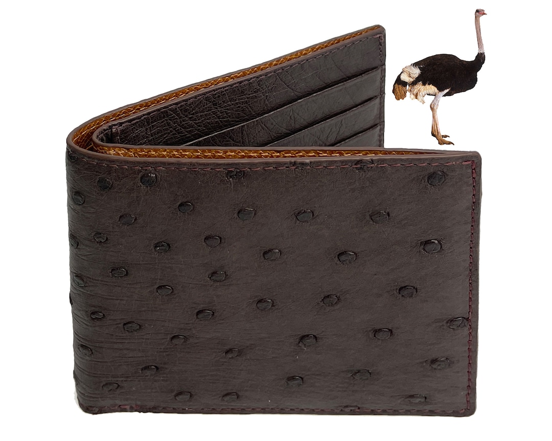 Brown Double Sided Ostrich Leather Bifold Wallet for Men, Custom Mens ...