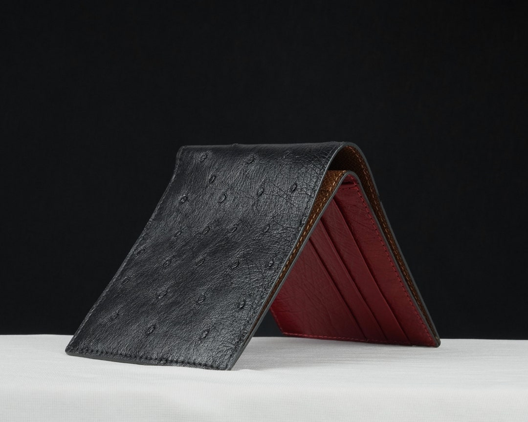 Black Red Leather Bifold Wallet, Double Sided Genuine Ostrich Wallet ...