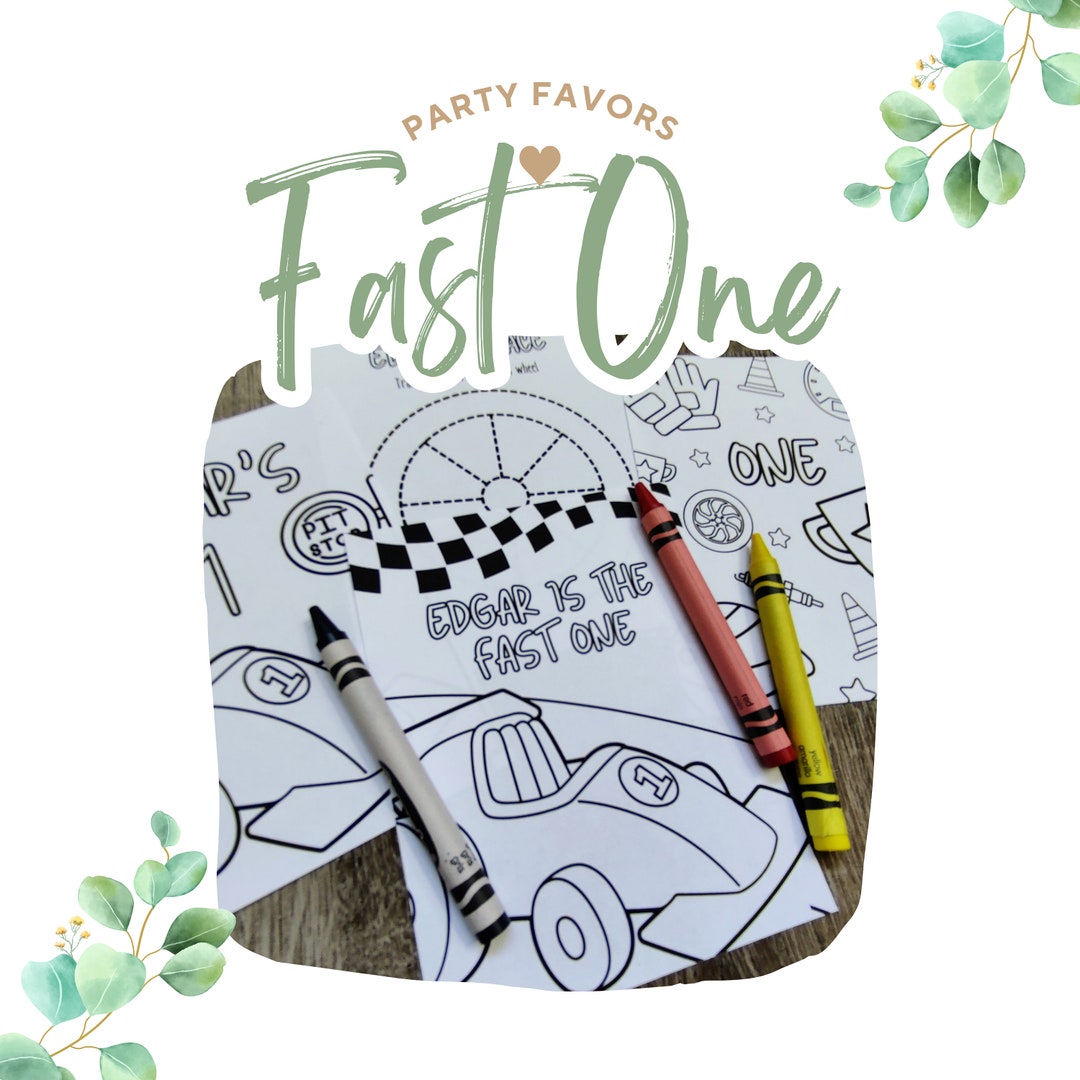 Race Car First Birthday Coloring Pages: Fast One Party Favors Kit - Etsy