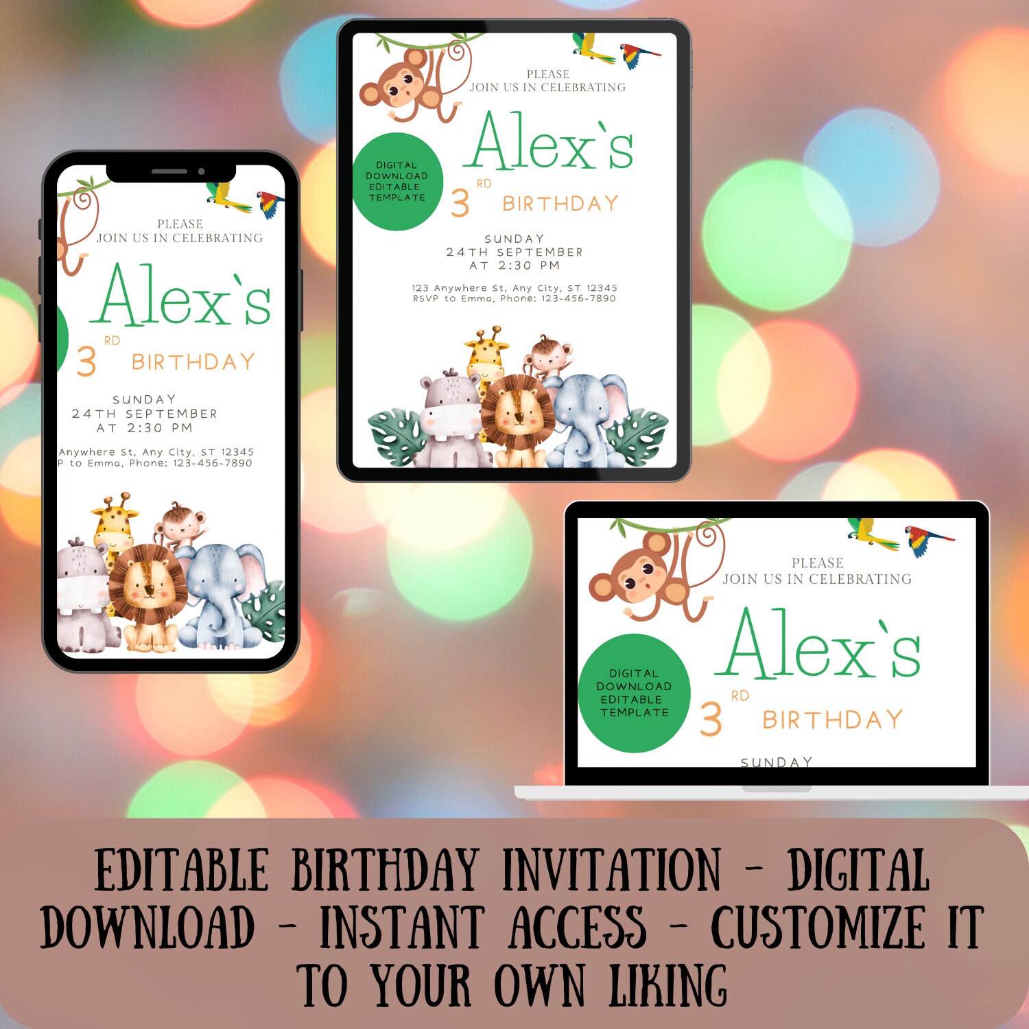 Watercolour Safari Jungle Party Invitations EDITABLE Jungle Themed Kid ...