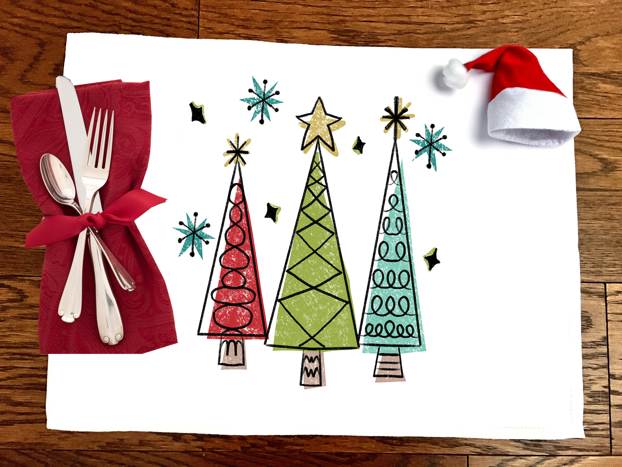 Christmas Trees Placemats, Holiday Decor Placemats Set 4 or 6, Colorful ...