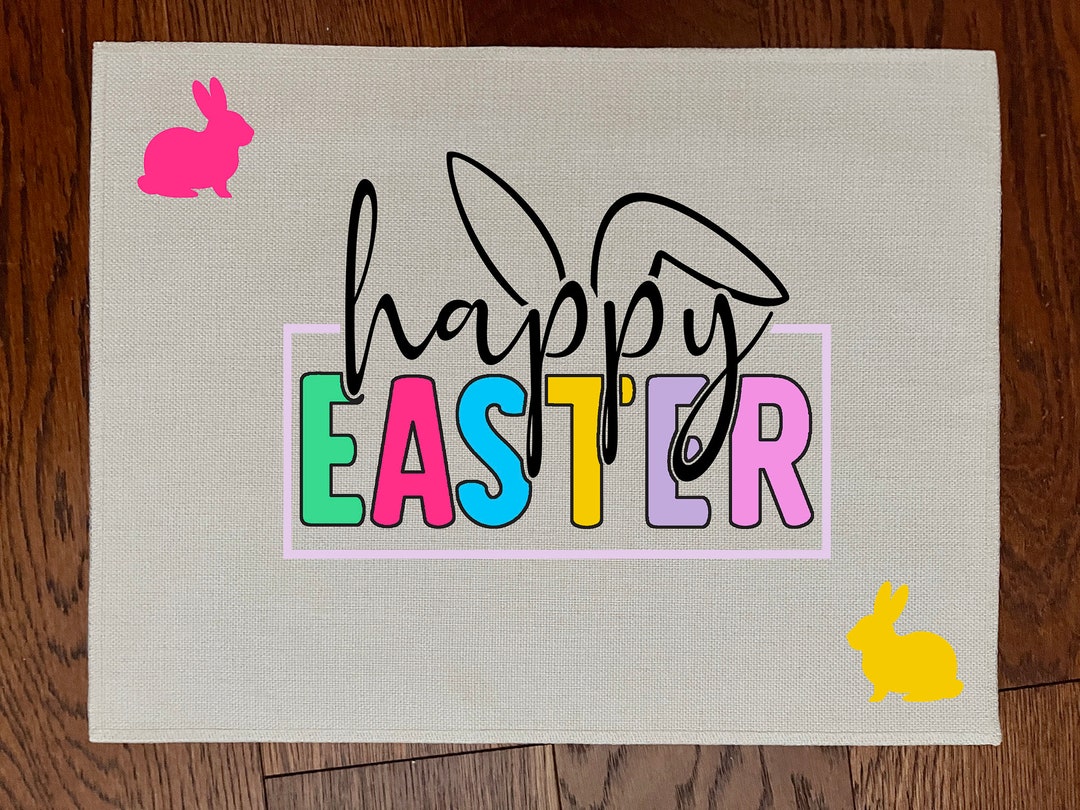 Happy Easter Block With Rabbits Placemats Set, Easter Bunny, Home Decor ...