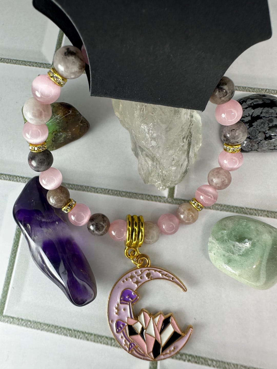 Purple Mica & Pink Cat Eye Moon Gemstone Bracelet - Etsy