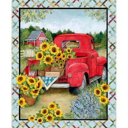 Red Trucks and Sunflower Panel Susan Winget Springs Creative C - Etsy