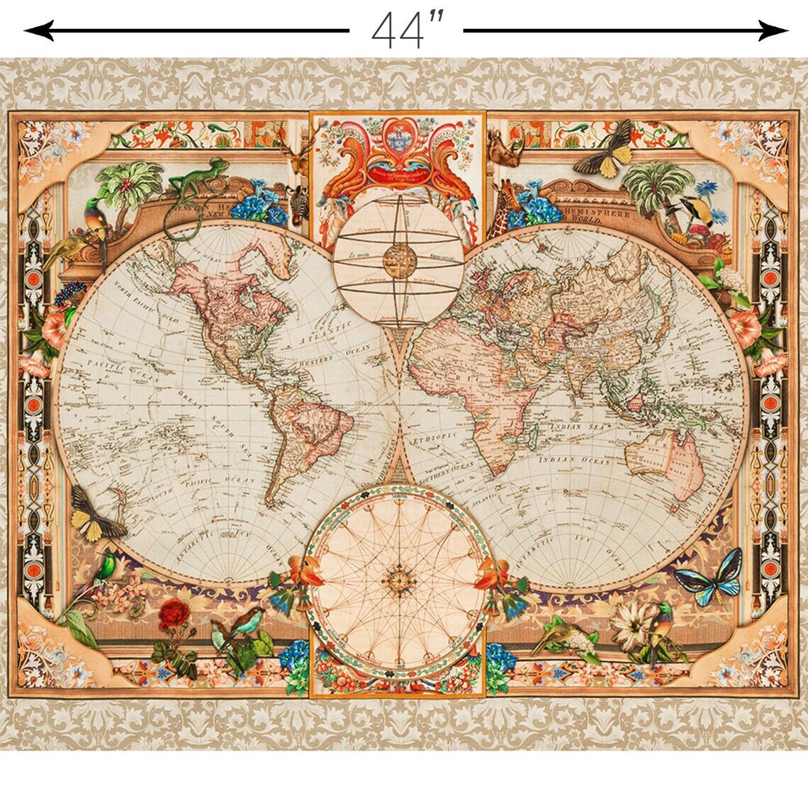 Library of Rarities 36 X 44 World Map Panel Antique Cotton Fabric by the Panel ANPD21873199 ...