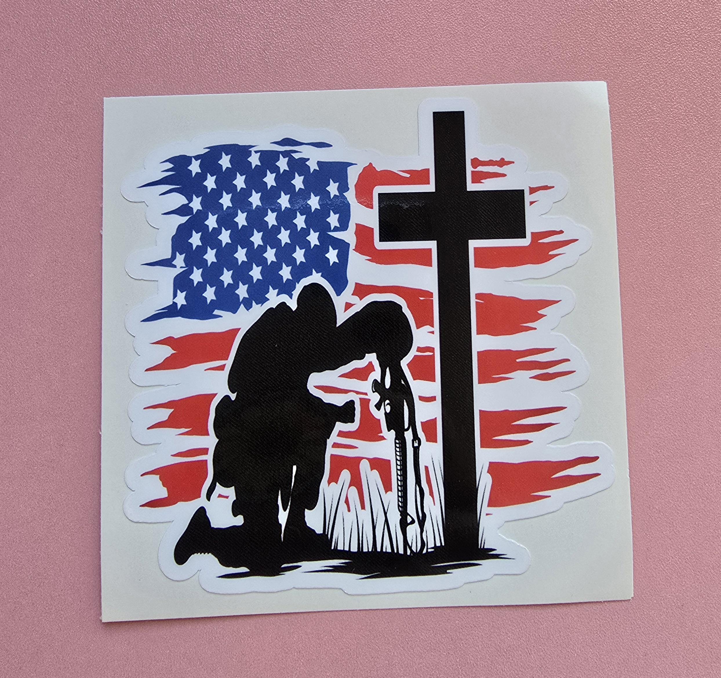 Soldier Kneeling at Grave Cross Sticker, Military Sticker, American ...