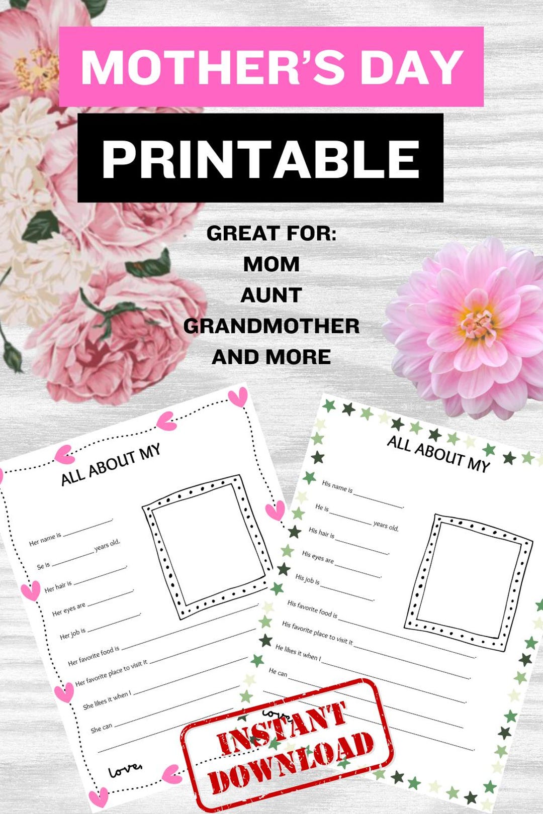 All About My Mom Dad Printable Set Kids Interview Pages for Mother's ...