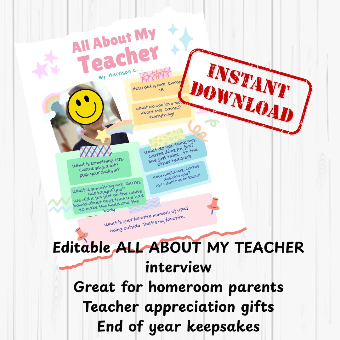 Editable All About My Teacher Canva Template Teacher Appreciation End ...