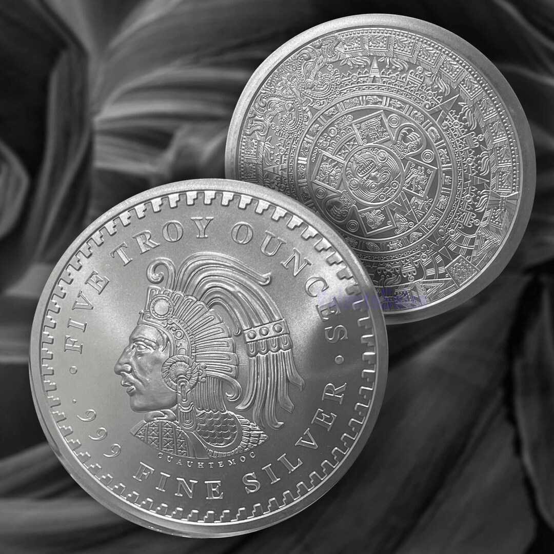 Scarce 5 Oz .999 Silver Aztec Mayan Calendar Cuauhtemoc Bullion Round ...