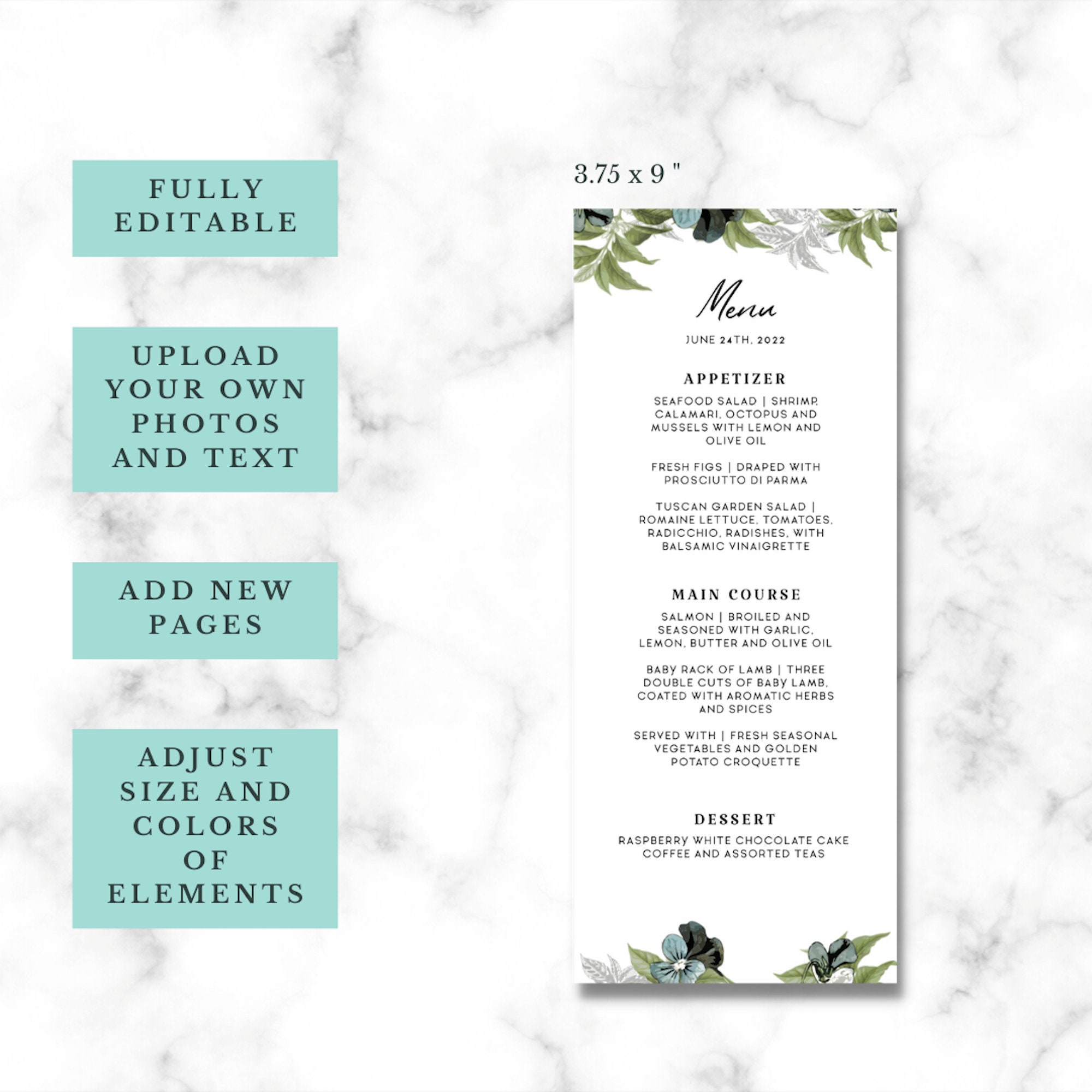 GRACE Wedding Menu Printable Template Download Editable for Wedding ...