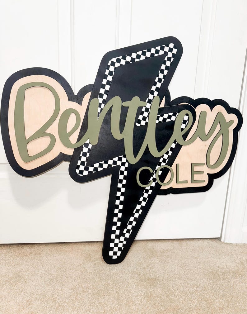 Nursery Sign, Boy Nursery Sign, Checkered Baby Sign, Lightening Bolt ...