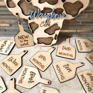 Cow Tag Baby Milestones, Baby Shower Gift, Baby Boy, Birth Announcement ...