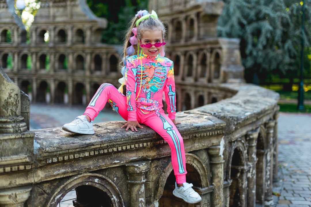 Toddler Girl Halloween Costume Gothic Pink Skeleton Bodysuit Funny ...