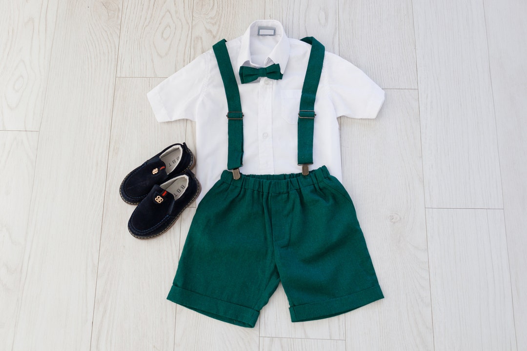 Emerald Green Ring Bearer Outfit for Wedding, Linen Boy's Suit: Shorts ...