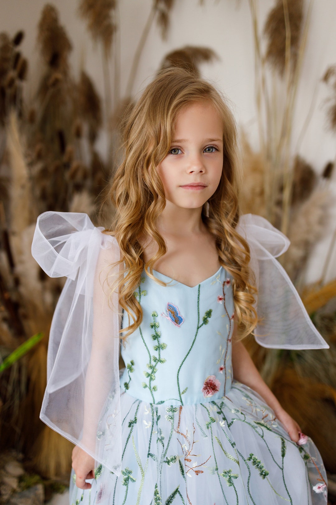 Boho Embroidered Girl Dress Fairy Flower Girl Dress Tulle Blue Girl ...