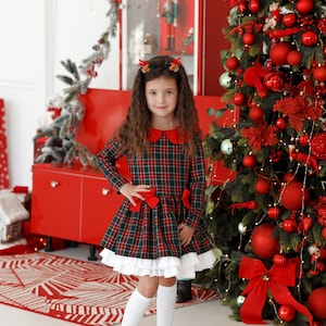 Red Christmas Dress, Plaid Collared Girl Dress With Red Bow, Toddler ...