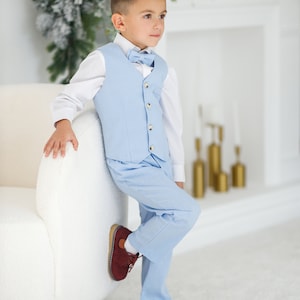 Boys Linen Suit 2-6 Years - Sky Blue Vest, Pants & Bow Tie Set ...