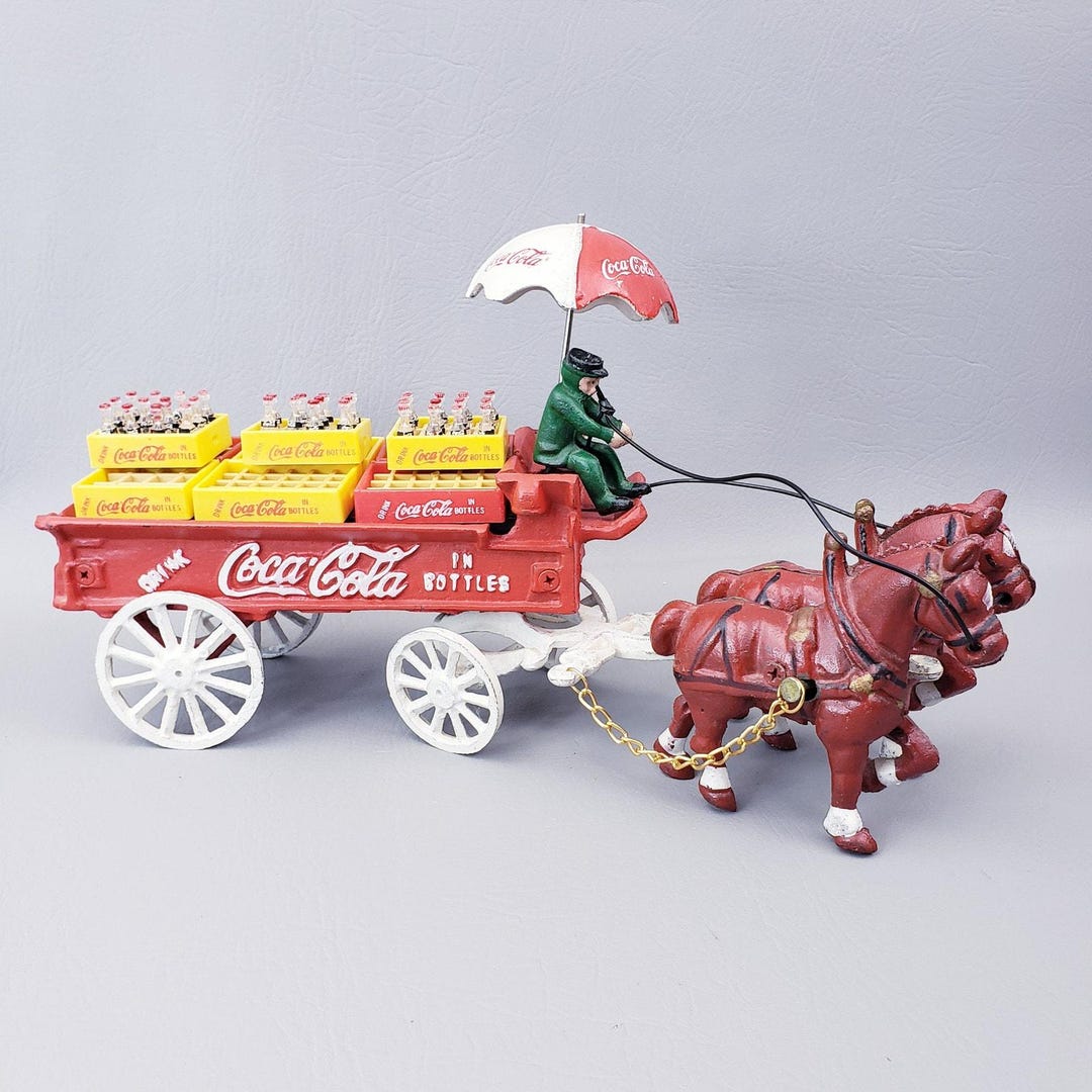 Vintage 1960s Cast Iron Coca Cola Wagon 2 Horse Team W/ Driver 9 wooden ...