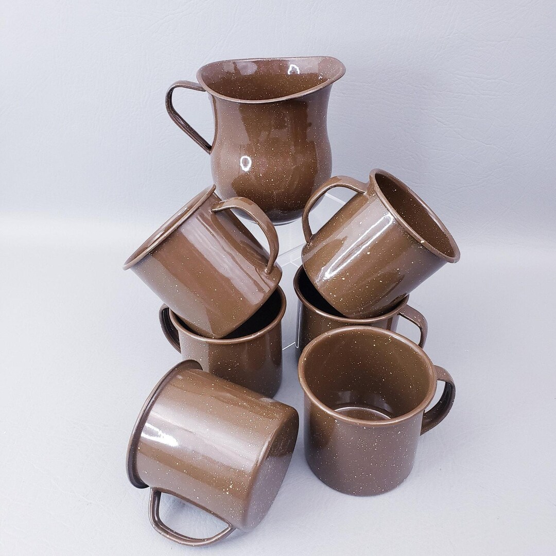 Set of 6 Vintage 80s Enamelware Coffee Cups/mugs & Pitcher Brown W ...