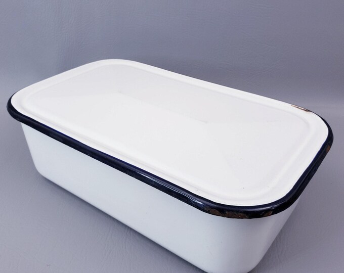 Vintage Enamel Refrigerator Container With Lid, White With Blue Trim ...