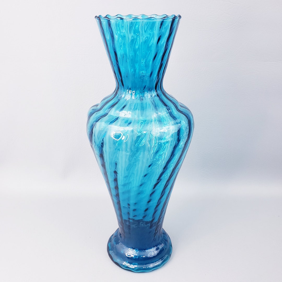 Vintage Turquoise Glass Vase, Beautiful Peacock Blue Flower Vase, Large ...