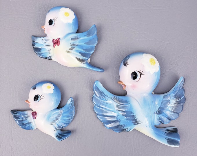 RARE Vintage 1950s Lefton Bluebird Wall Plaques Norcrest 3 Mom Babies ...