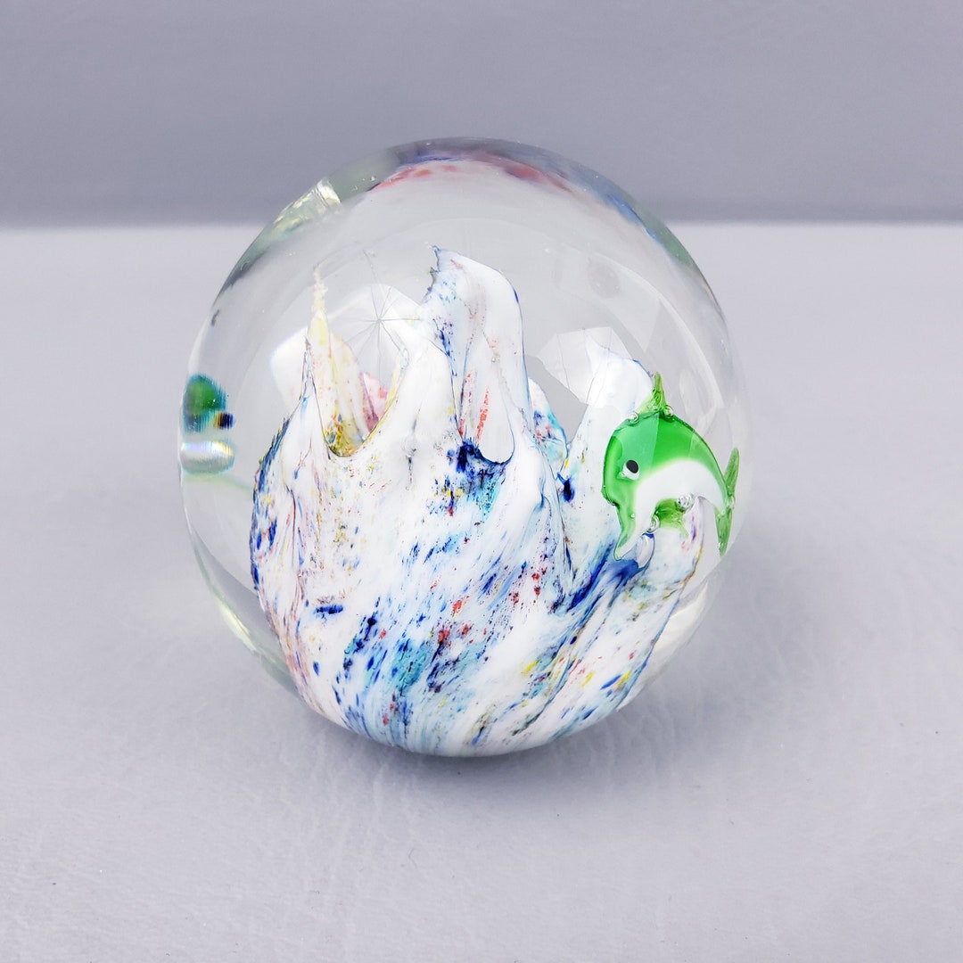 Vintage Round Paperweight Aquarium Seaweed & Green Dolphin - Etsy