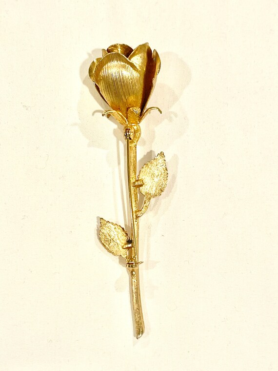 Vintage Long Stem Rose Pin Brooch Gold Tone Textured … - Gem