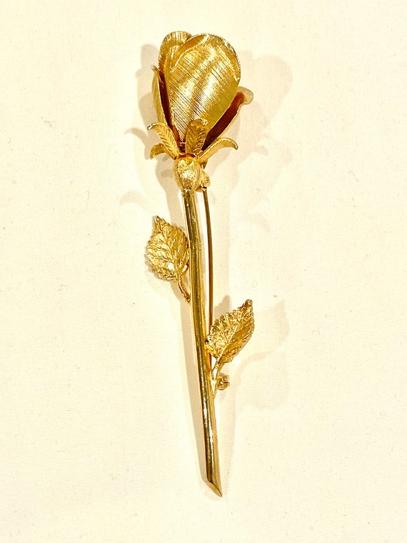 Vintage Long Stem Rose Pin Brooch Gold Tone Textured … - Gem