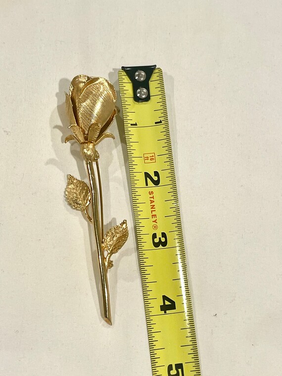 Vintage Long Stem Rose Pin Brooch Gold Tone Textured … - Gem