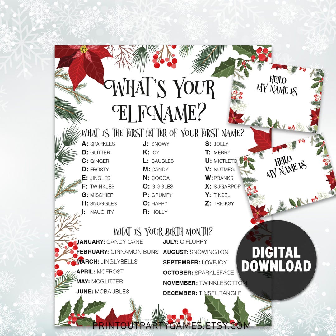 Elf Name Game Poster and Name Cards, Holiday Party Game, Instant ...