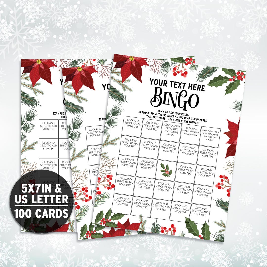 Christmas Bingo Card Template 100 Cards Christmas Party Games Printable ...