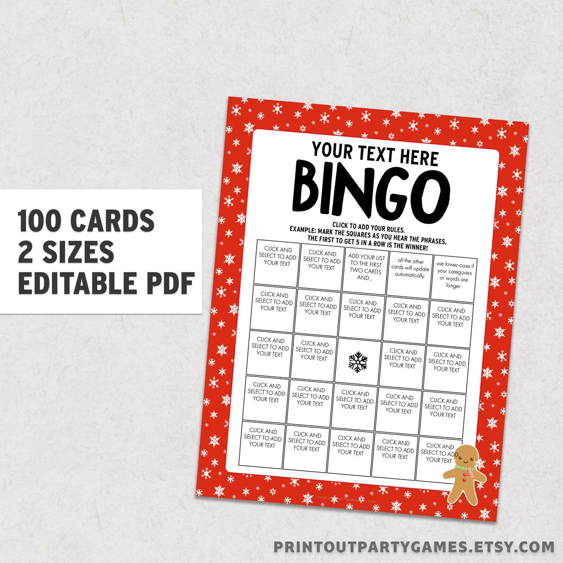 Printable Bingo Cards, 100 Card Bingo Template, Editable Christmas ...