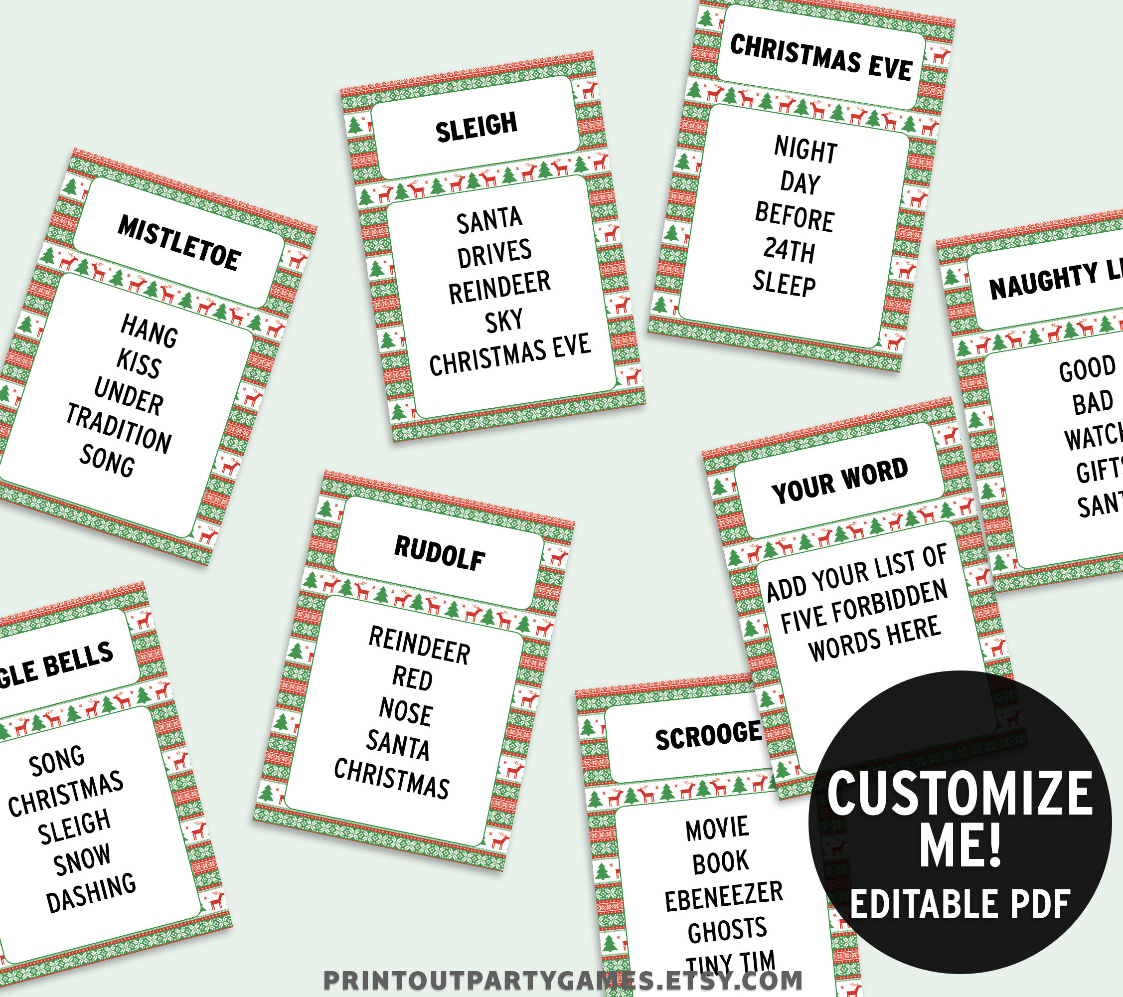 Christmas Taboo Game, Festive Don't Say... 48 Editable Cards, DIGITAL ...