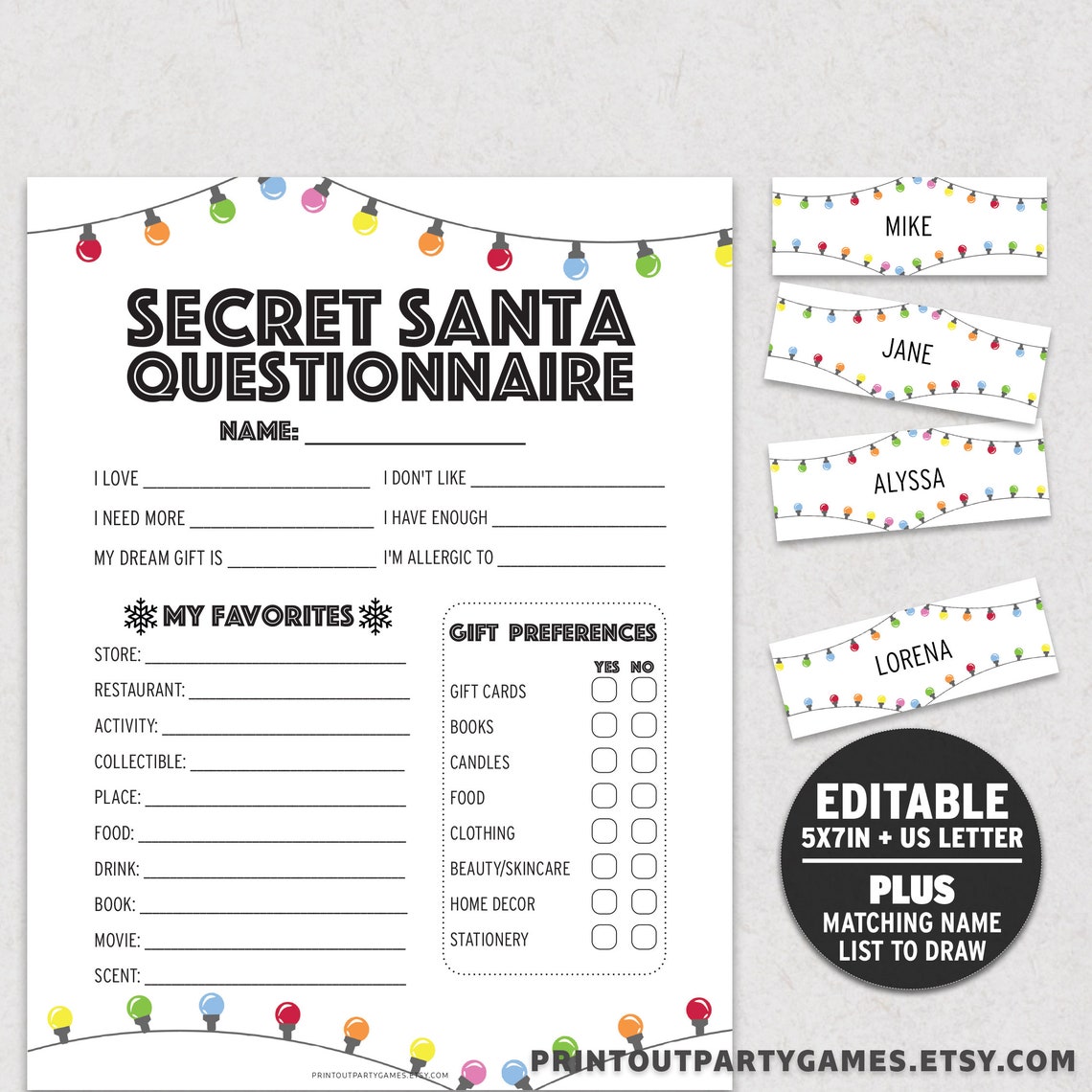 Christmas Gift Exchange Questionnaire, Editable Secret Santa Gift ...