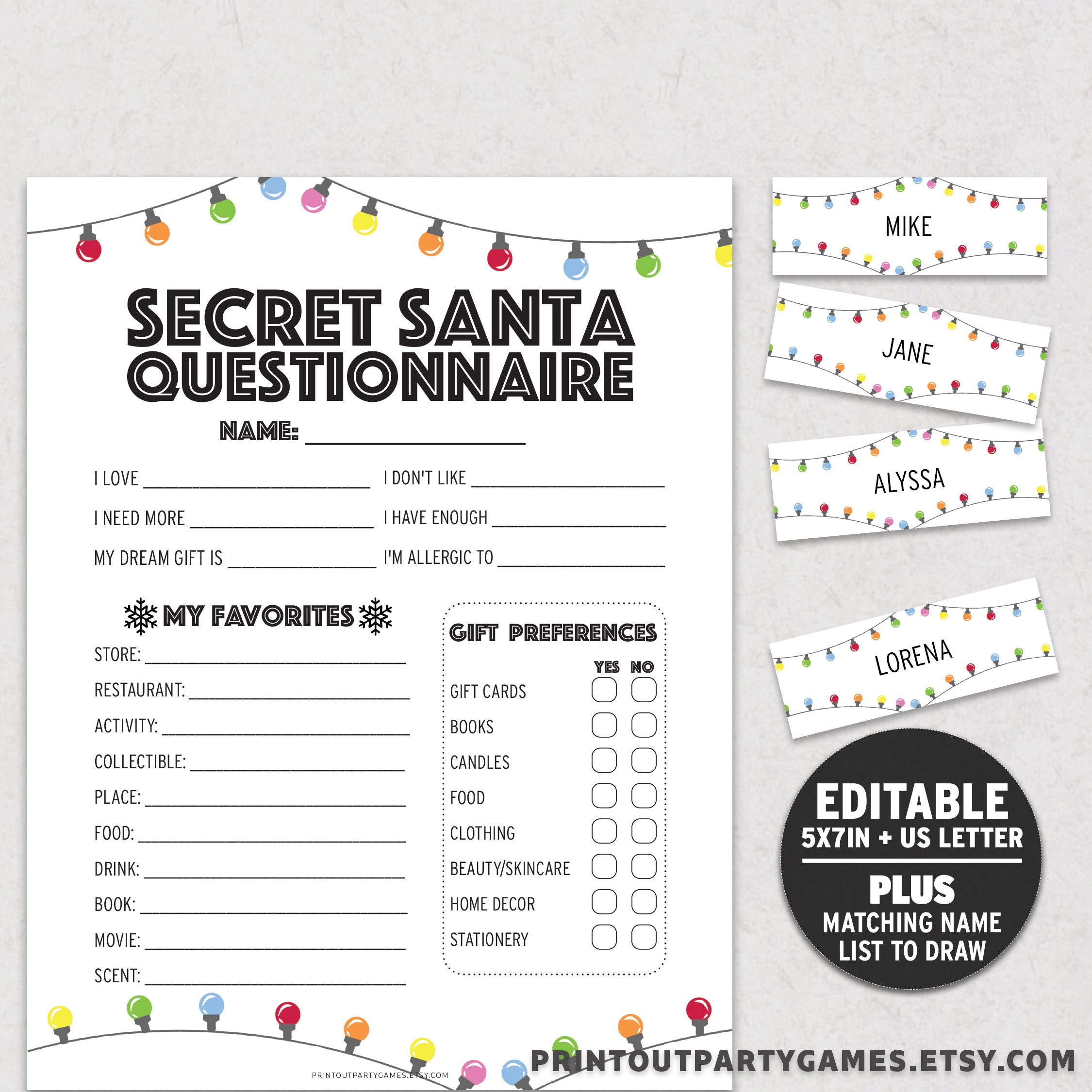 Christmas Gift Exchange Questionnaire, Editable Secret Santa Gift ...