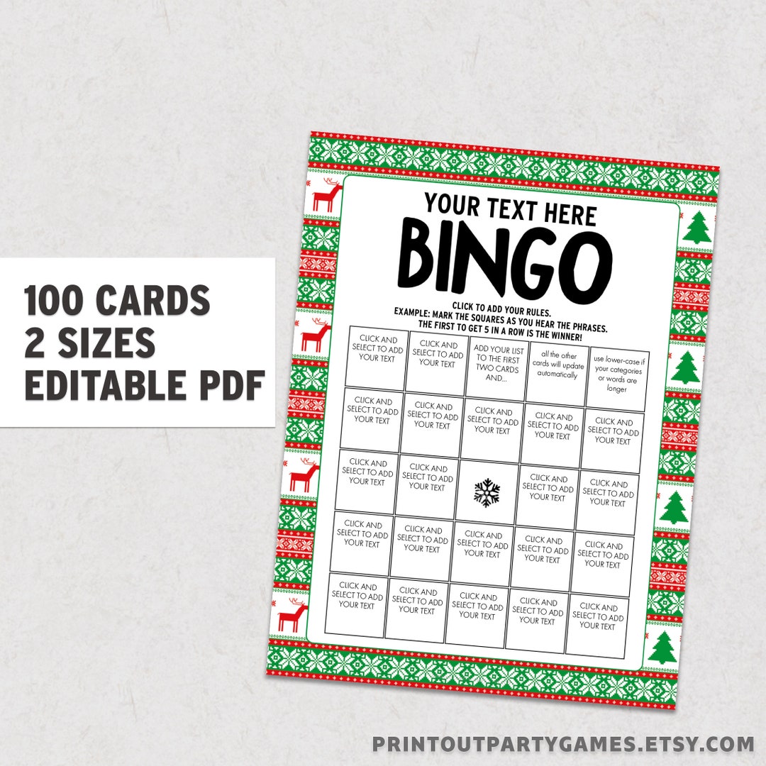 100 Cards Christmas Bingo Template, Make Your Own Bingo Cards, Holiday ...