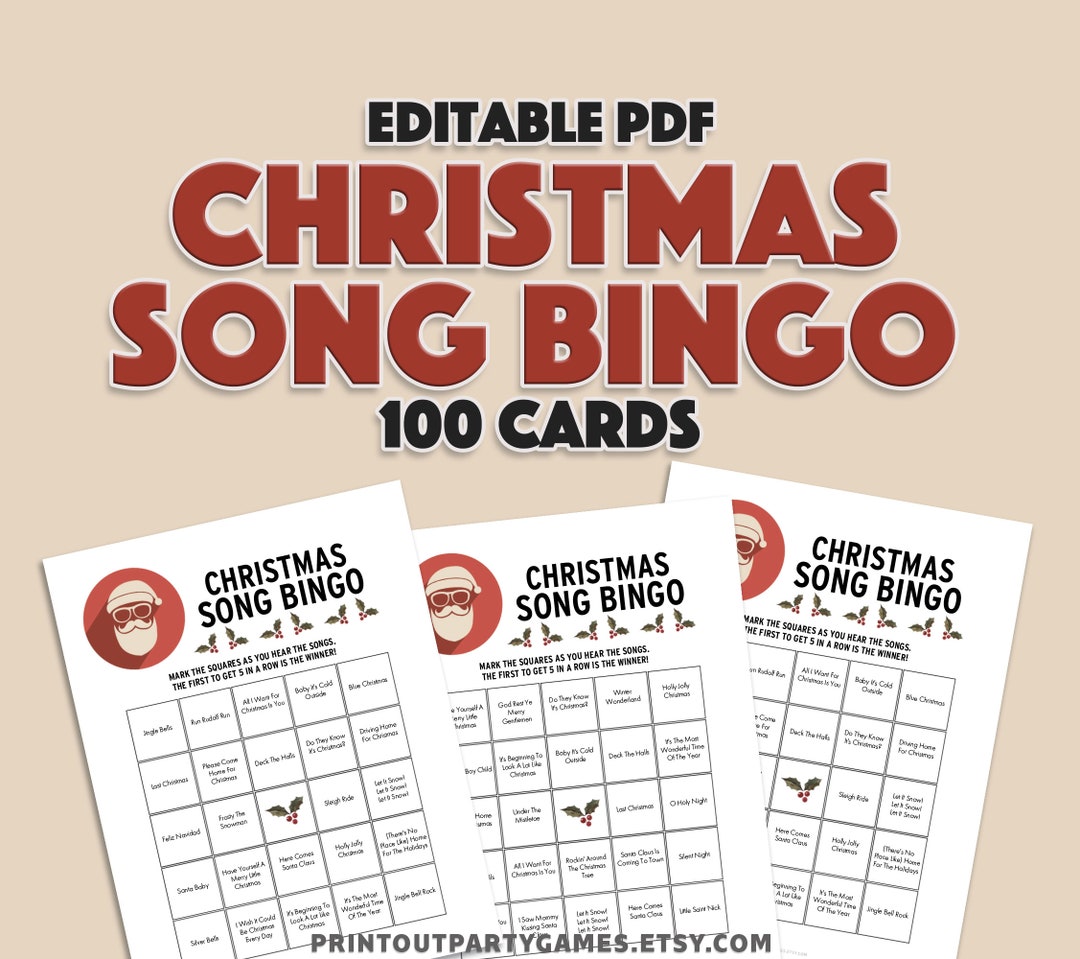 Christmas Music Bingo for up to 100 Players, Editable Instant Download ...
