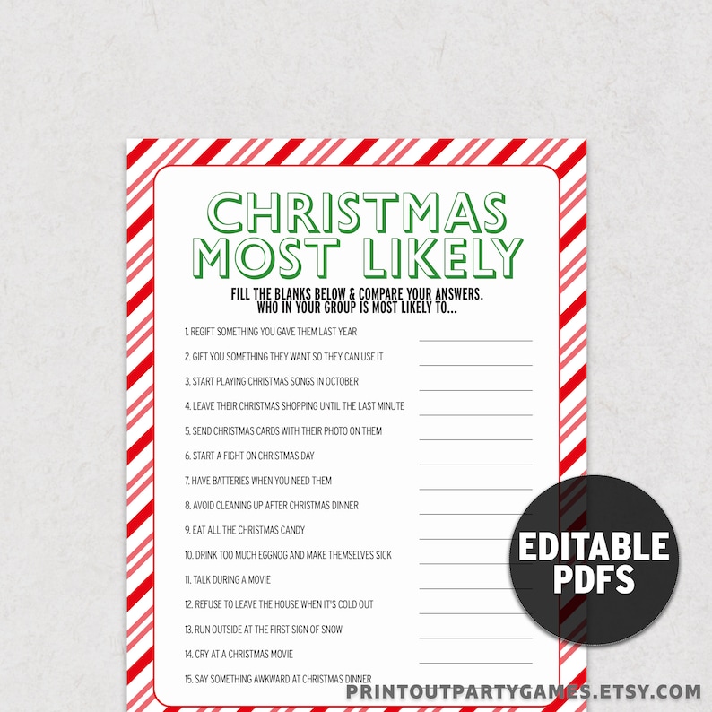 Funny Christmas Most Likely to Game, Printable Holiday Party (editable ...