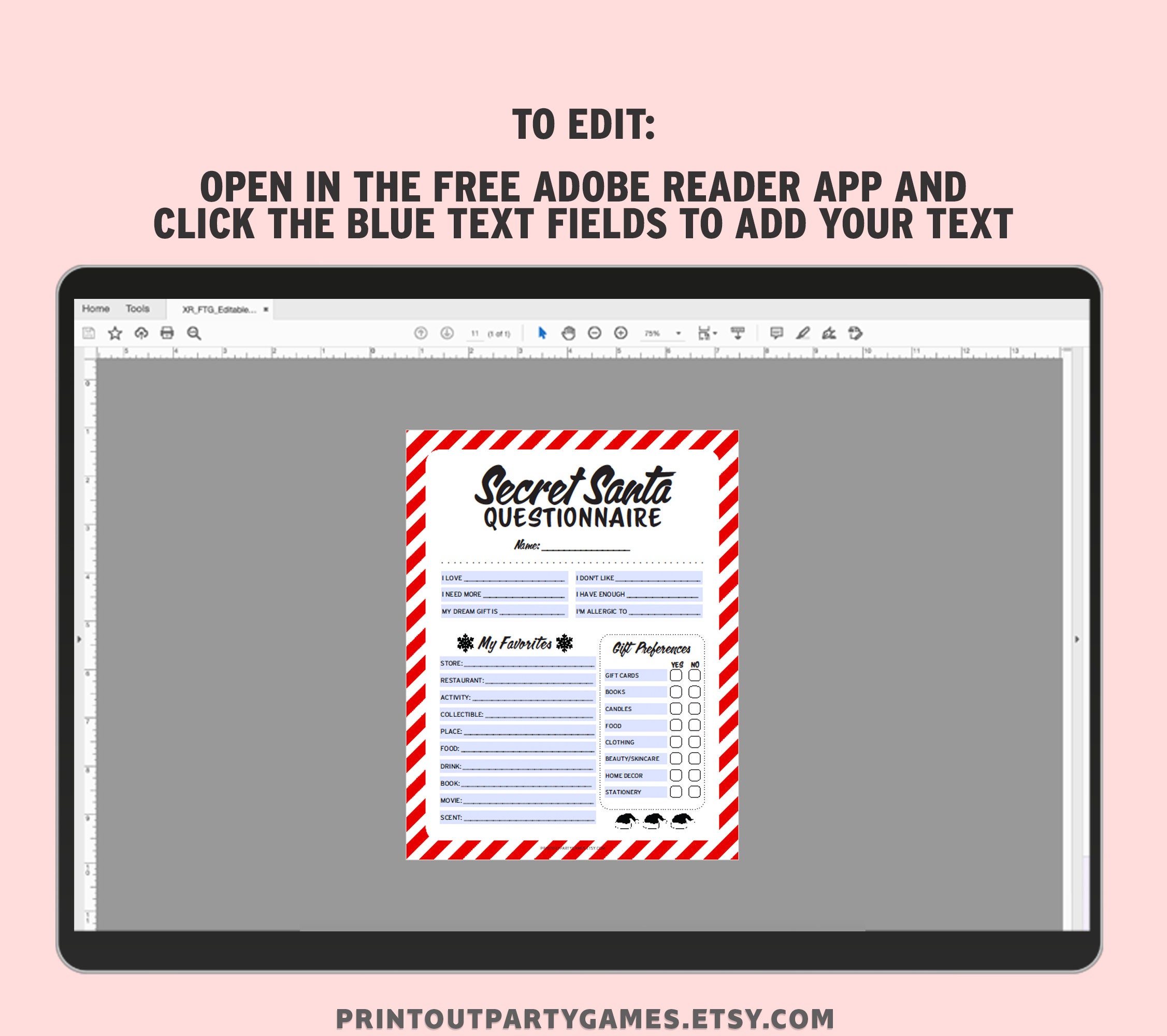 Secret Santa Questionnaire, Editable Christmas Gift Exchange Survey ...