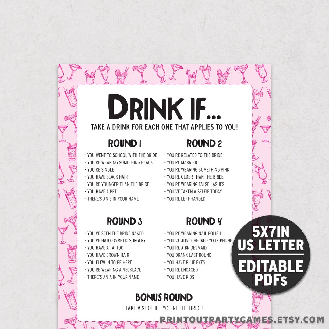 Drink If Bachelorette Drinking Game, Editable Hen Party Drinking Game ...