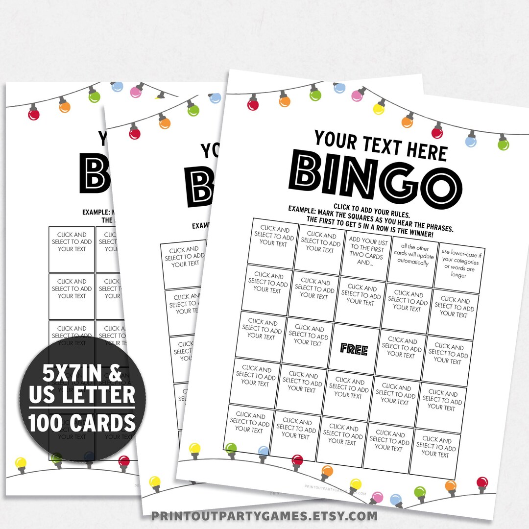 100 Bingo Card Generator: Christmas Lights Theme Bingo Template ...