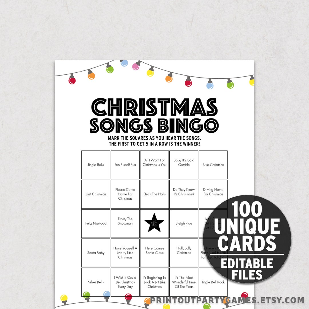Christmas Songs Bingo, 100 Unique Holiday Song Game Cards, Instant ...