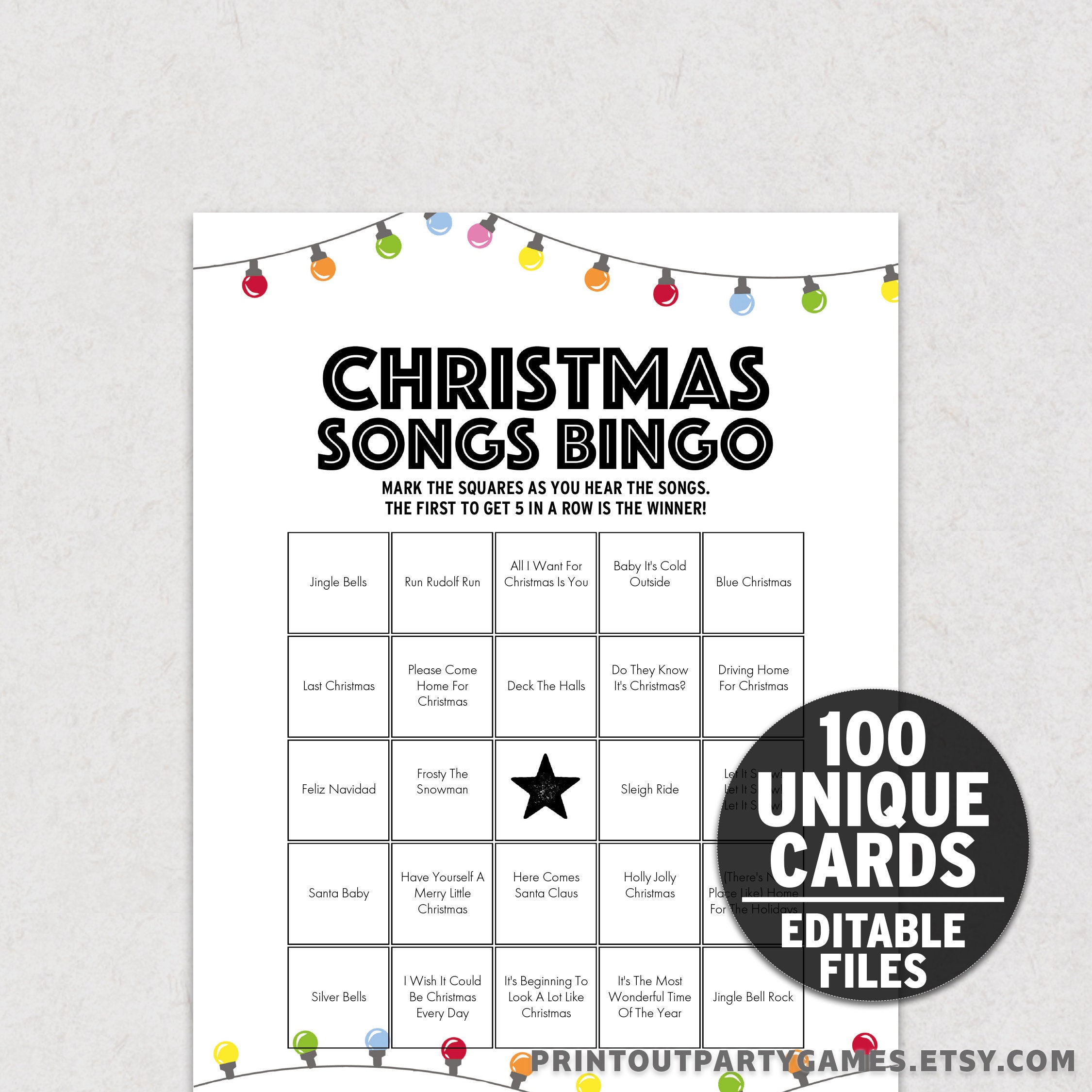 Christmas Songs Bingo, 100 Unique Holiday Song Game Cards, Instant ...