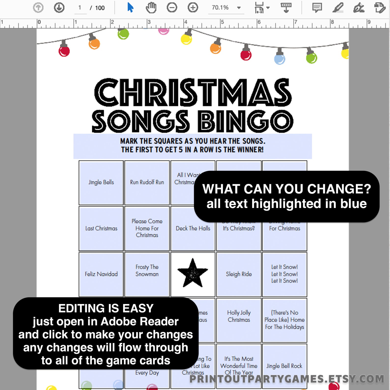 Christmas Songs Bingo, 100 Unique Holiday Song Game Cards, Instant ...