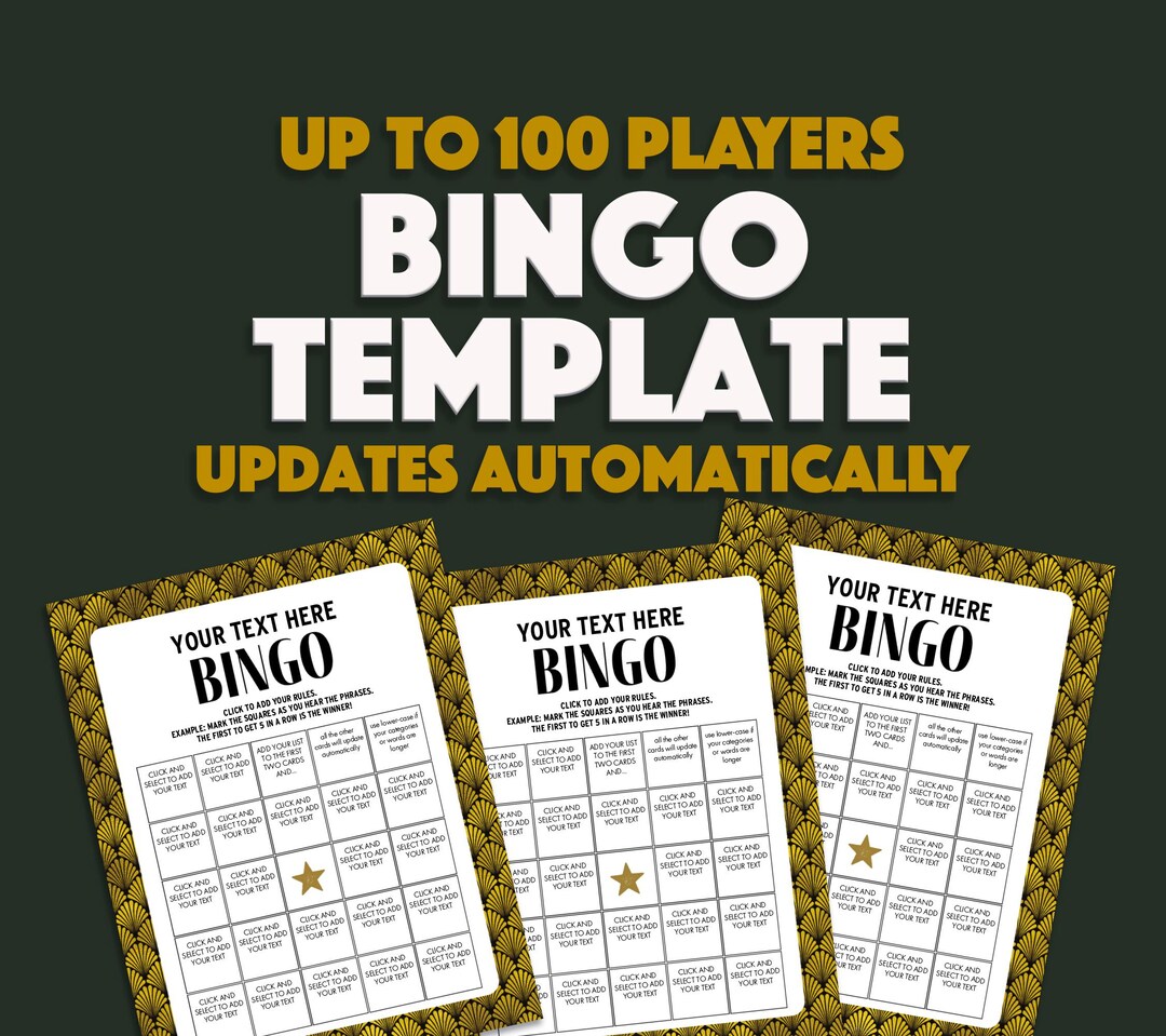 100 Cards Gold Art Deco Bingo Template, Make Your Own Bingo Cards, New ...