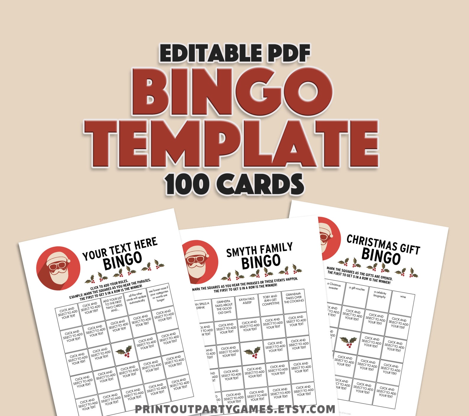 100 Card Christmas Bingo Template, Editable Bingo Game, Family Office ...