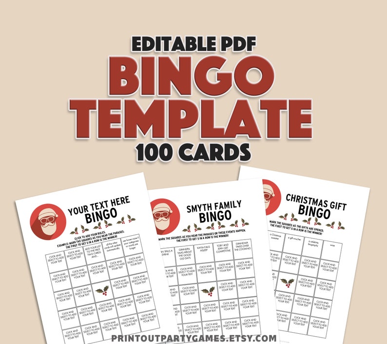 100 Card Christmas Bingo Template, Editable Bingo Game, Family Office ...